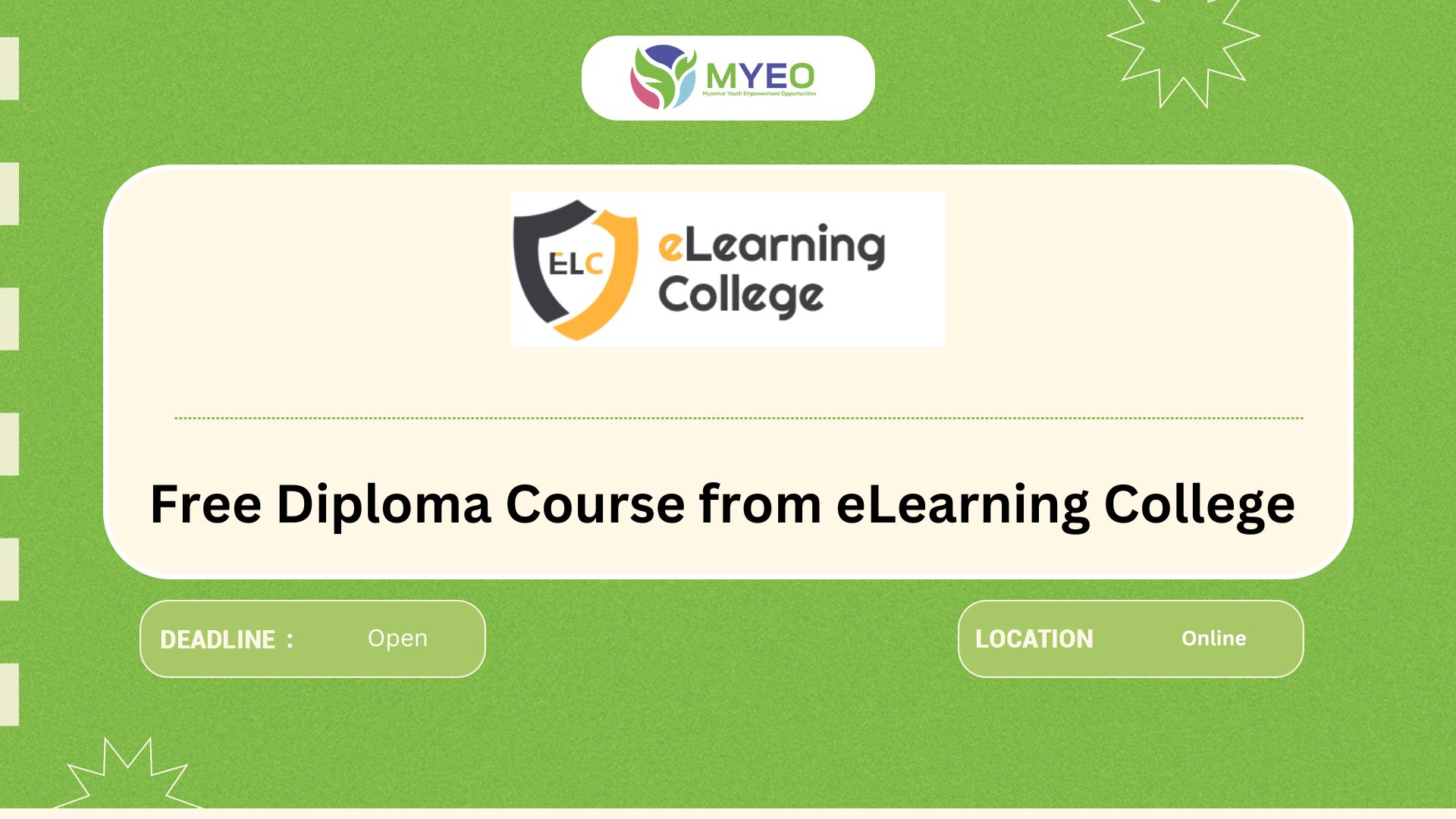 Free Diploma Course from eLearning College - MYEO, Myanmar Youth ...