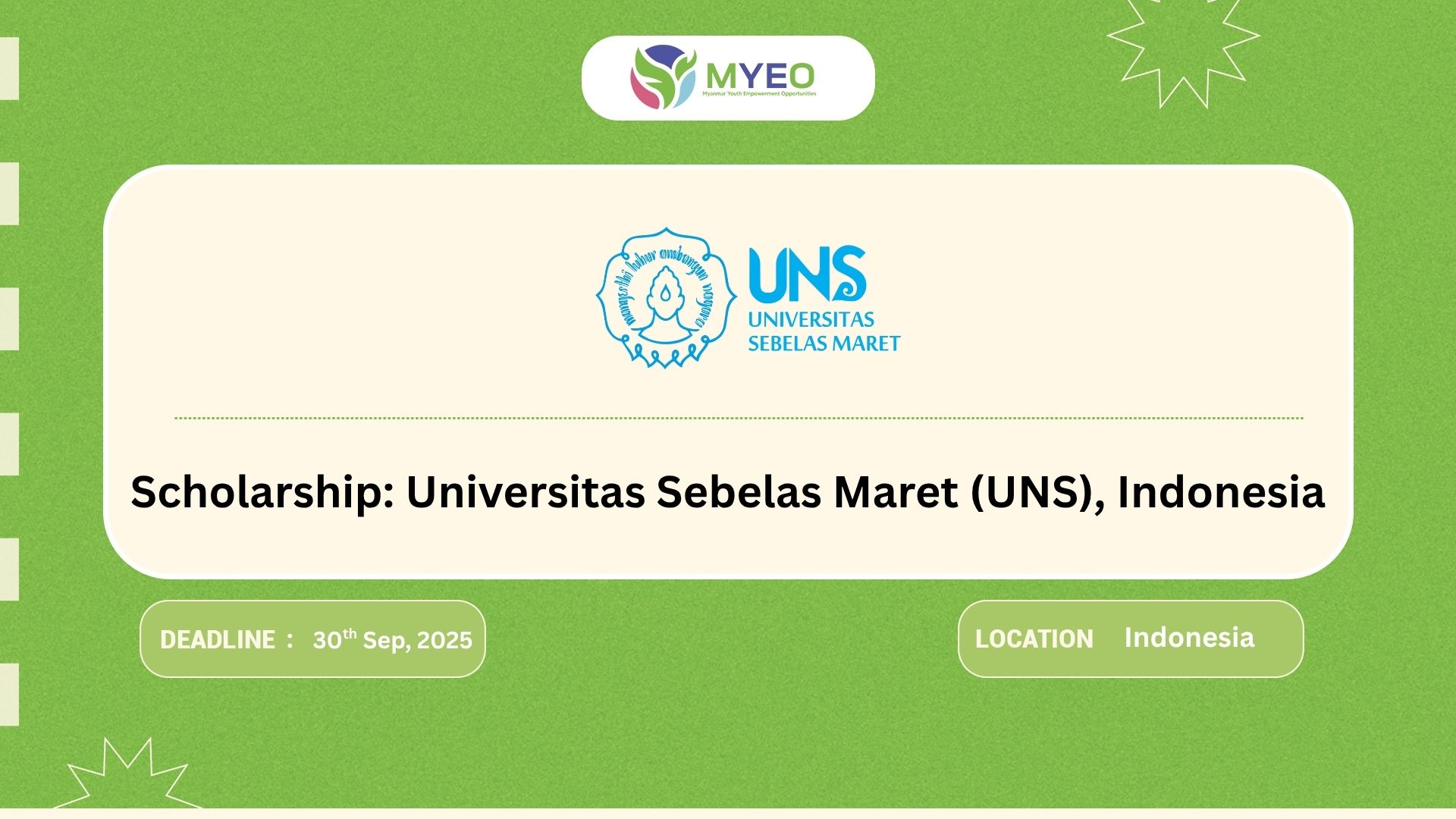 Scholarship: Universitas Sebelas Maret (UNS), Indonesia - MYEO, Myanmar ...