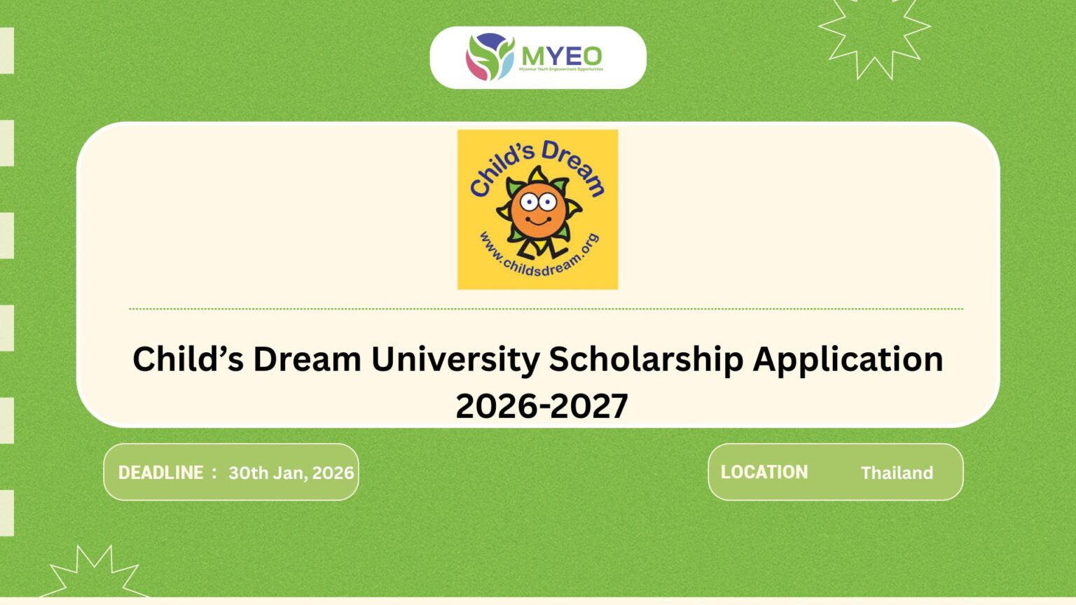 Child’s Dream Scholarship Application Open - MYEO, Myanmar Youth Empowerment Opportunities